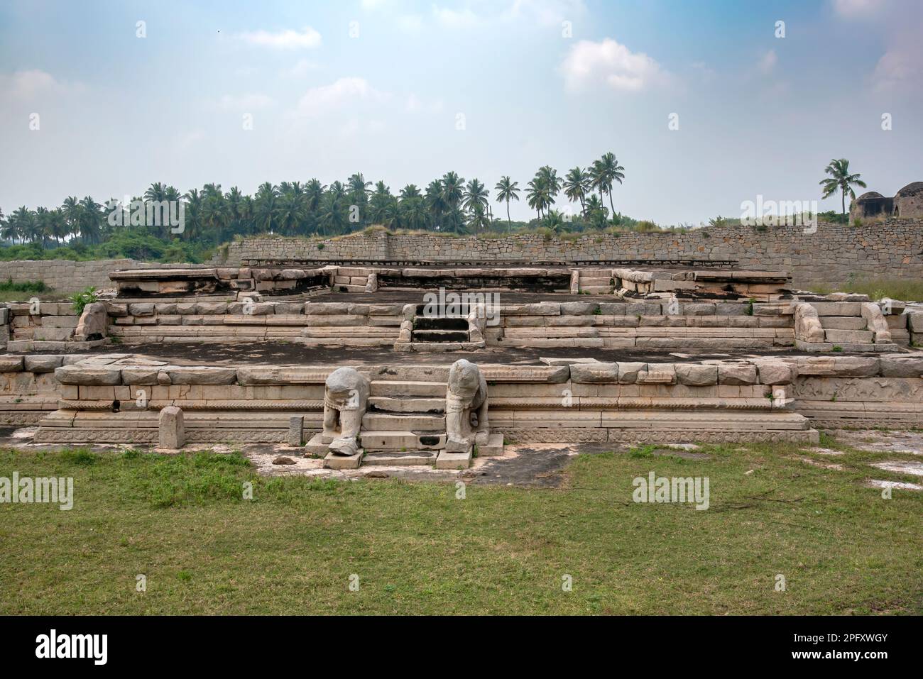 Base of completely destroyed palace in royal enclosure in Hampi. Hampi ...