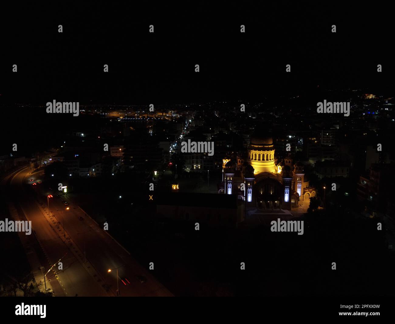 Saint Andrew Church Of Patra City In Greece At Midnight Aerial Night ...