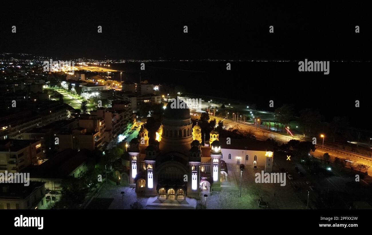 Saint Andrew Church Of Patra City In Greece At Midnight Aerial Night ...