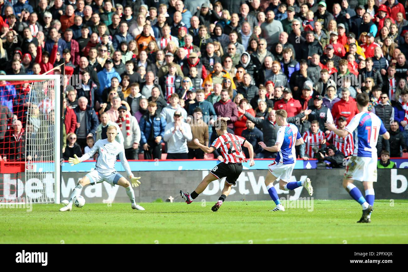 Sheffield United's James McAtee has a shot saved by Blackburn Rovers ...