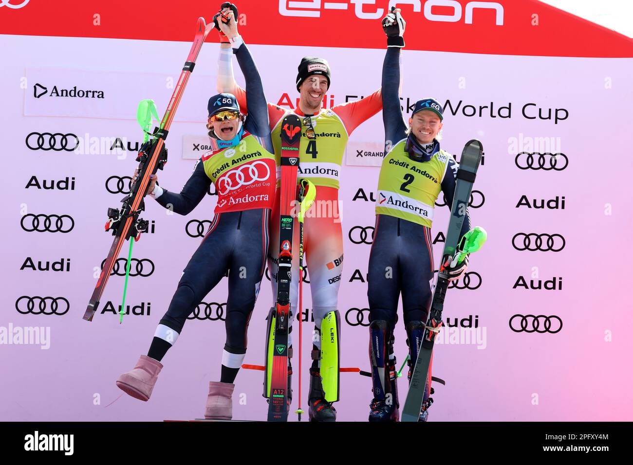 Switzerland's Ramon Zenhaeusern, center, winner of an alpine ski, men's ...