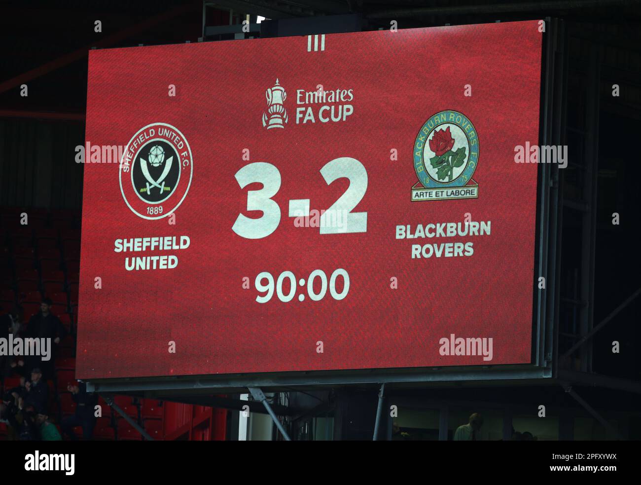 A big screen displays the final score of 3-2 during the Emirates FA Cup ...