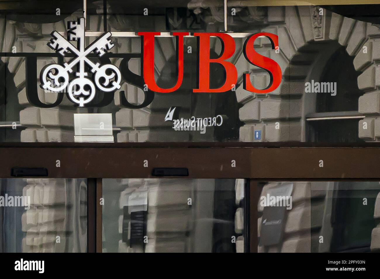 The logos of the Swiss banks Credit Suisse and UBS are displayed at ...