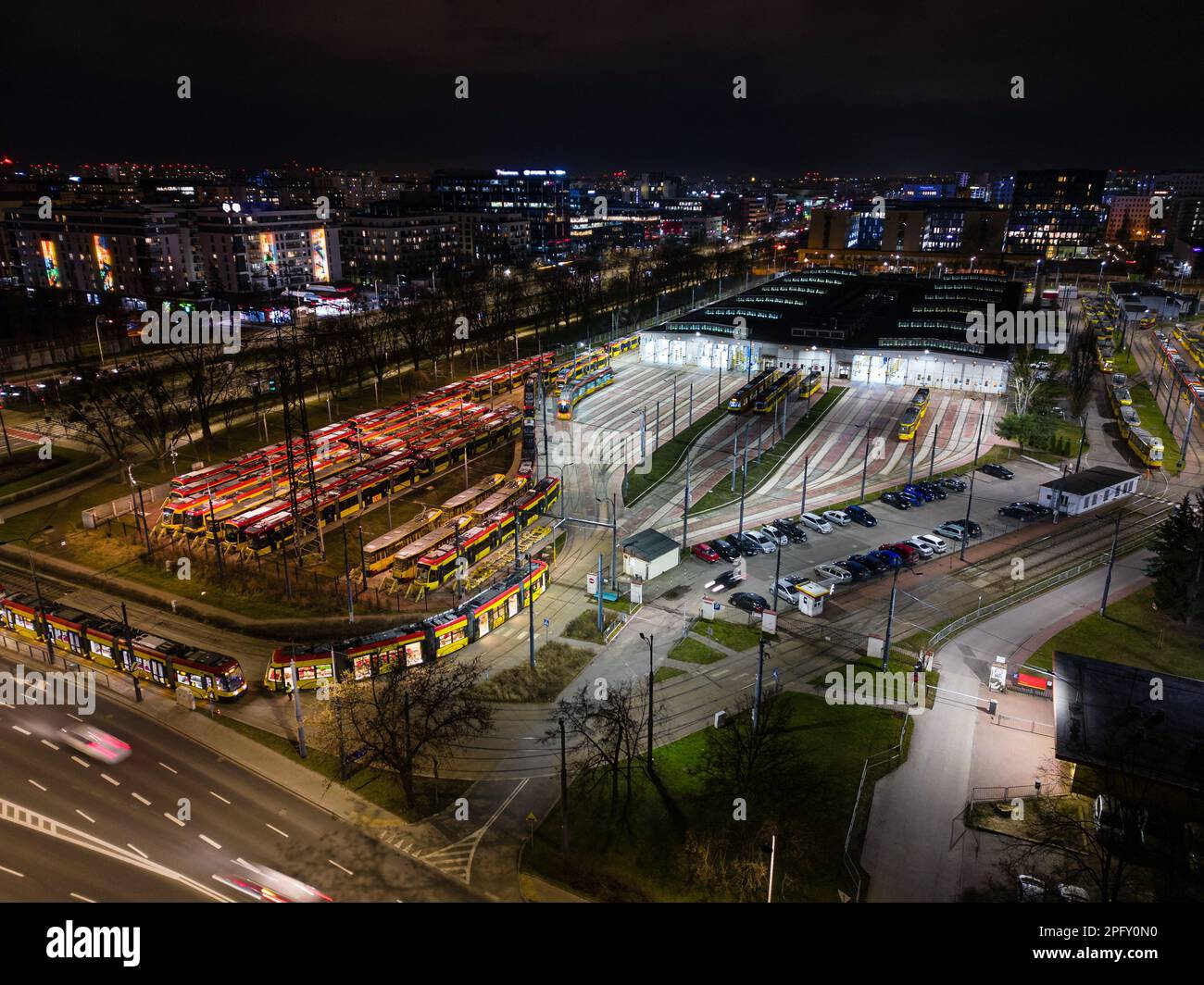 Night aerial view of tram depot Stock Photo - Alamy