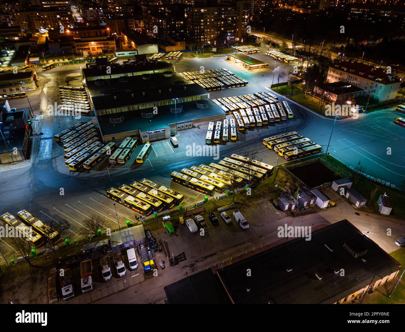 Night aerial view of bus depot Stock Photo - Alamy