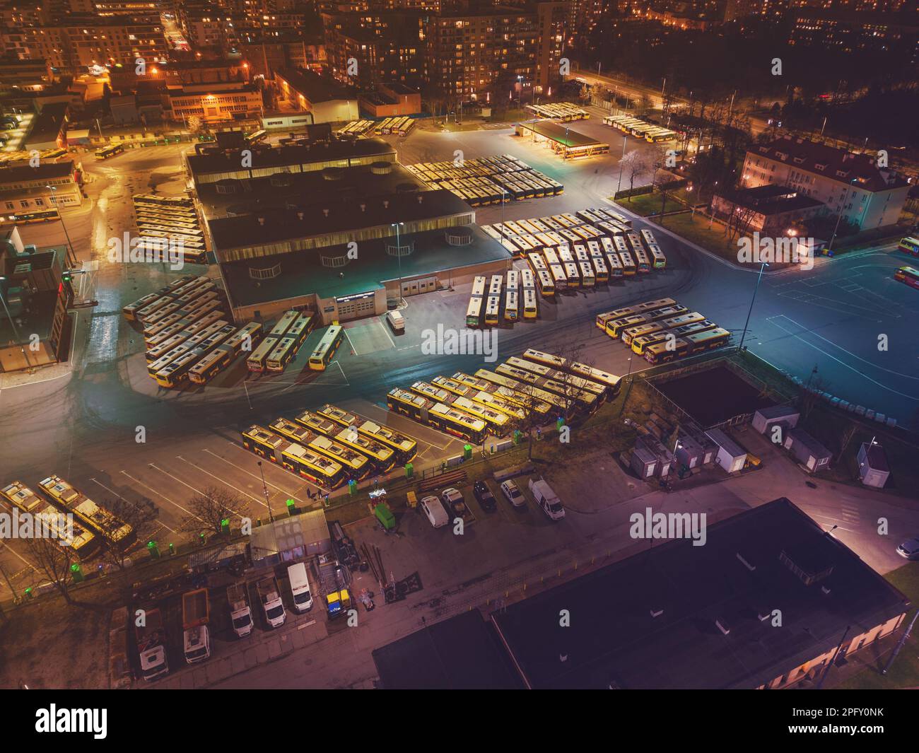 Night aerial view of bus depot Stock Photo - Alamy