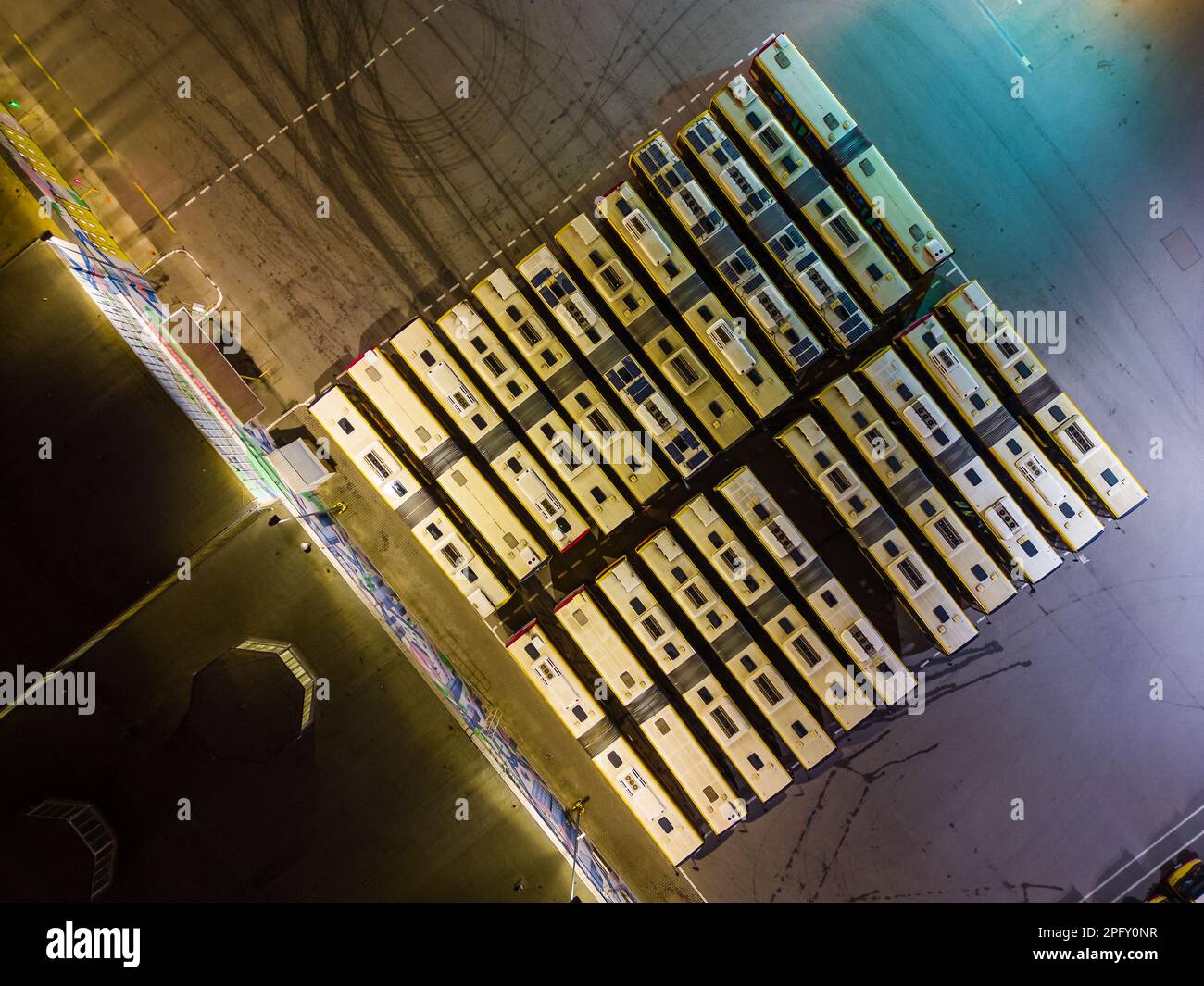 Night aerial view of bus depot Stock Photo - Alamy