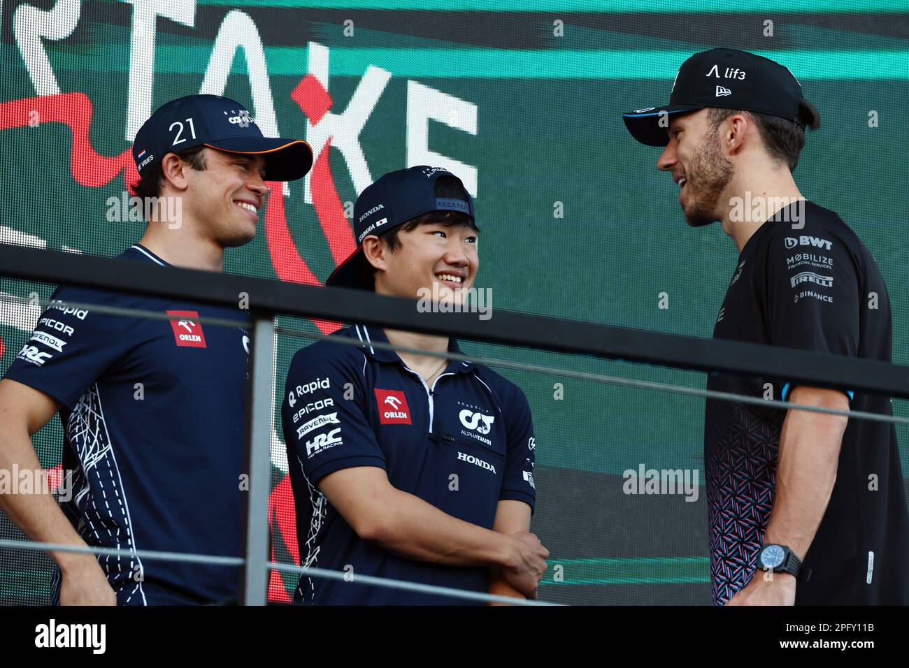 Jeddah, Saudi Arabia. 19th Mar, 2023. (L to R): Nyck de Vries (NLD) AlphaTauri with Yuki Tsunoda ...