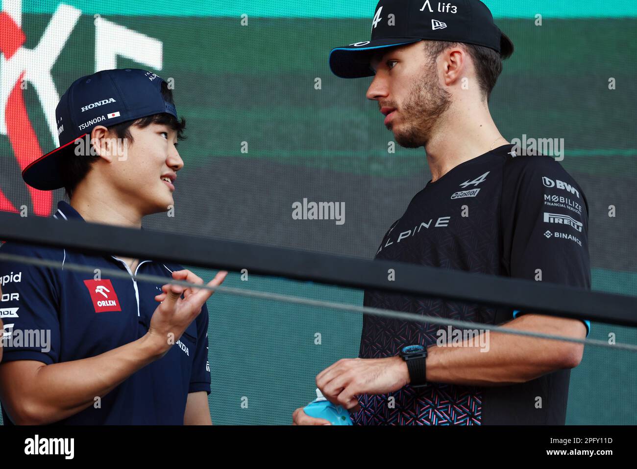 Jeddah, Saudi Arabia. 19th Mar, 2023. (L to R): Yuki Tsunoda (JPN) AlphaTauri with Pierre Gasly ...