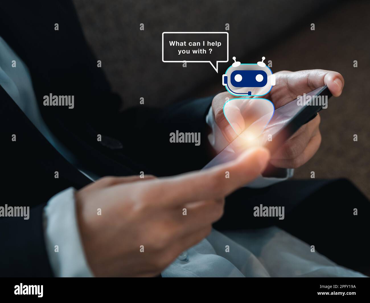 Artificial intelligence, AI chat bot technology concept. Hologram of digital smart robot with ...