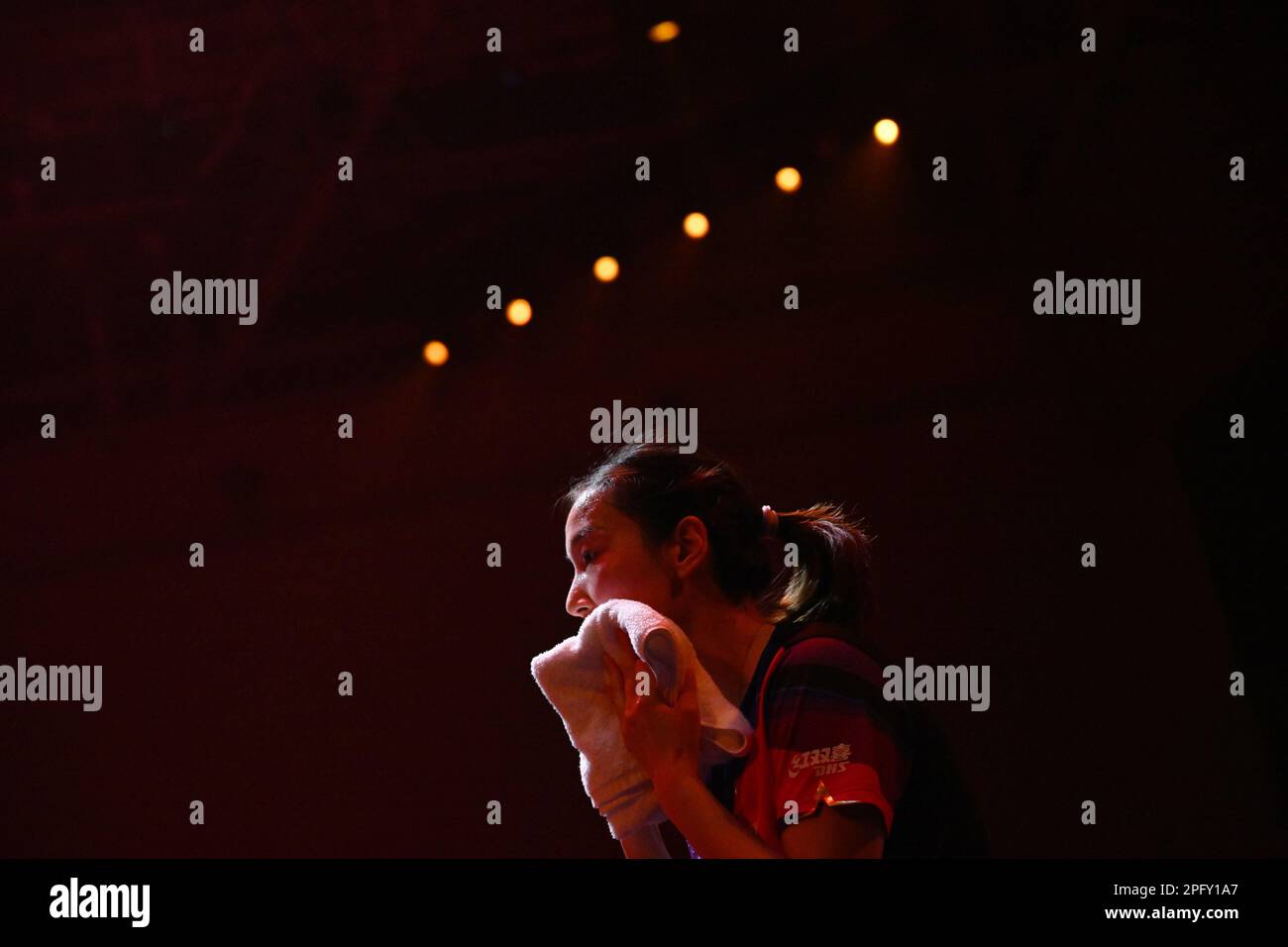Singapore. 19th Mar, 2023. Qian Tianyi of China reacts during the women's singles final match ...