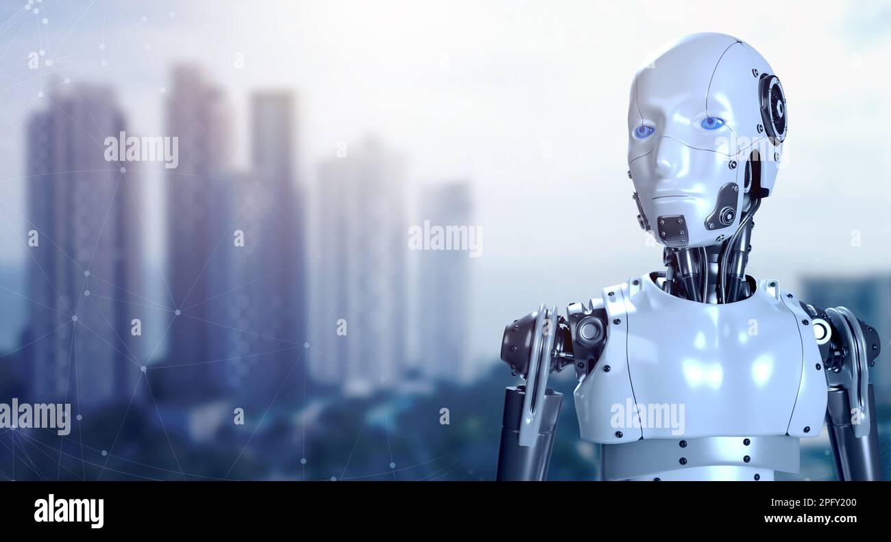 3d rendering of human robot cyborg portraits on blurred capital city ...