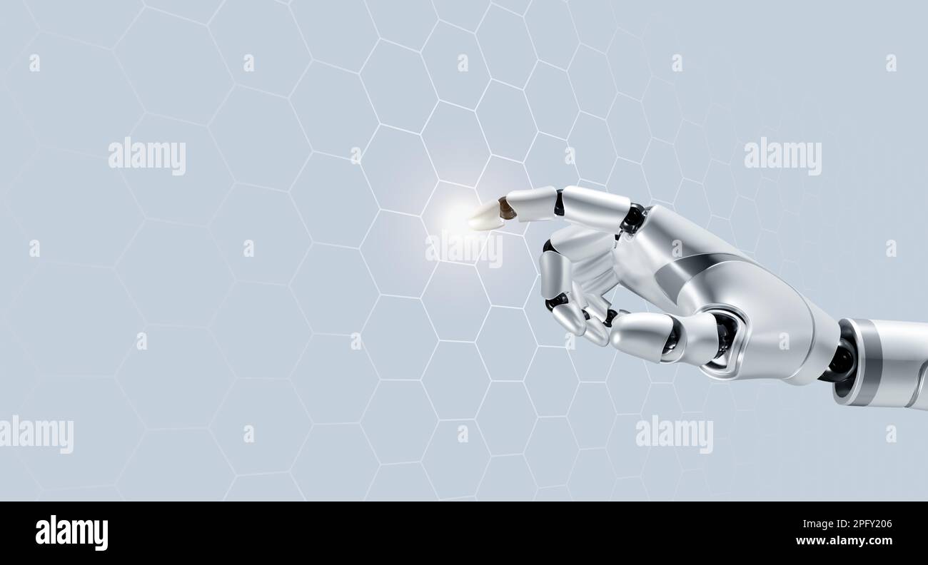 3d rendering humanoid robot's hand touch on digital world, hexagon ...