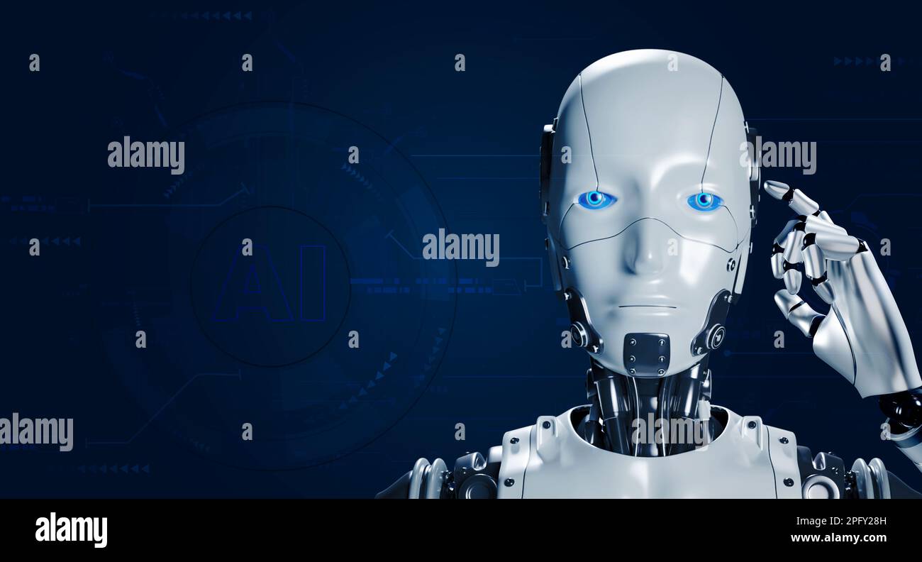 3d rendering of humanoid robot cyborg think or compute on blue cyber background with copy space ...