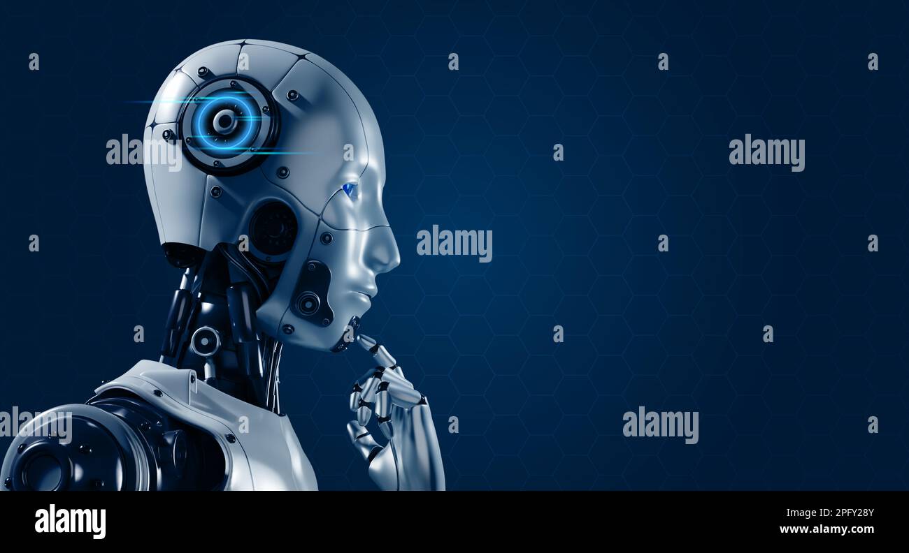 3d rendering of humanoid robot cyborg thinking and compute on blue ...