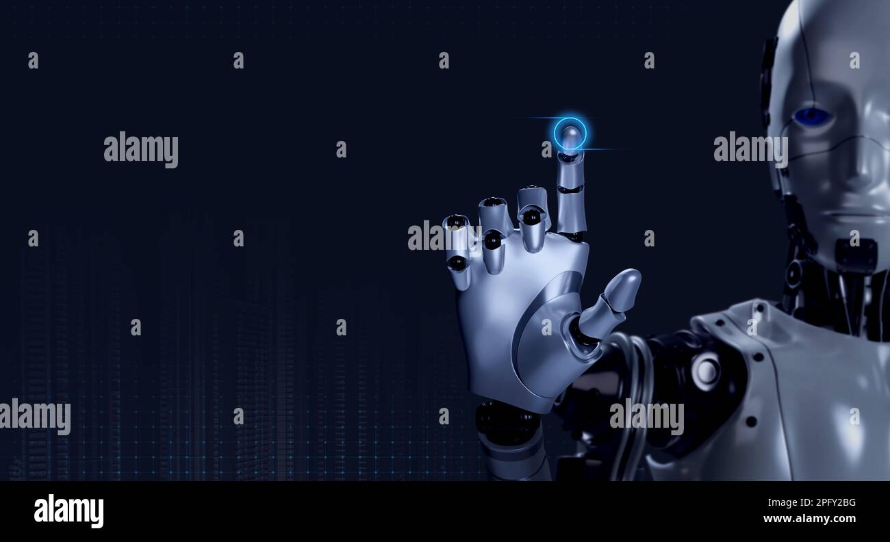 3d rendering smart robot touching finger with glowing on virtual ...