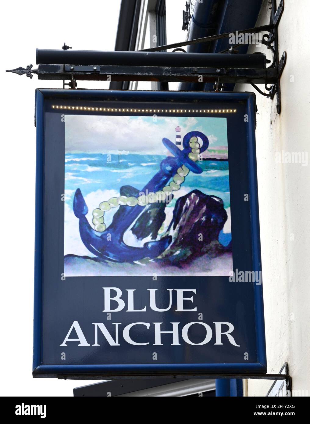 Traditional hanging pub sign at the Blue Anchor public house, Fore ...