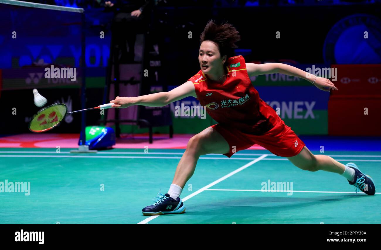 Birmingham, Britain. 19th Mar, 2023. Chen Yufei hits a return during the women's singles final ...