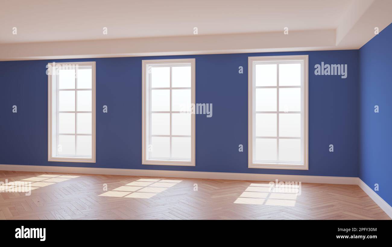 Sunny Interior of the Dark Blue Room with Three Large Windows, Light ...