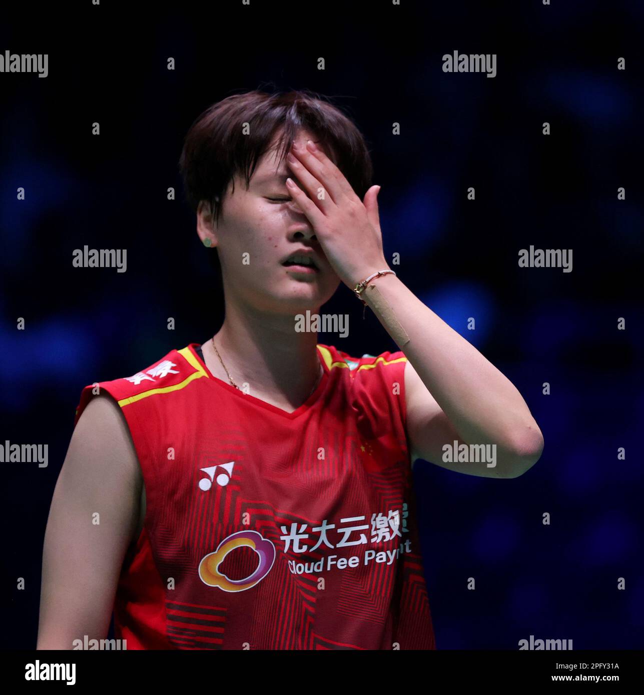 Birmingham, Britain. 19th Mar, 2023. Chen Yufei reacts during the women's singles final between ...