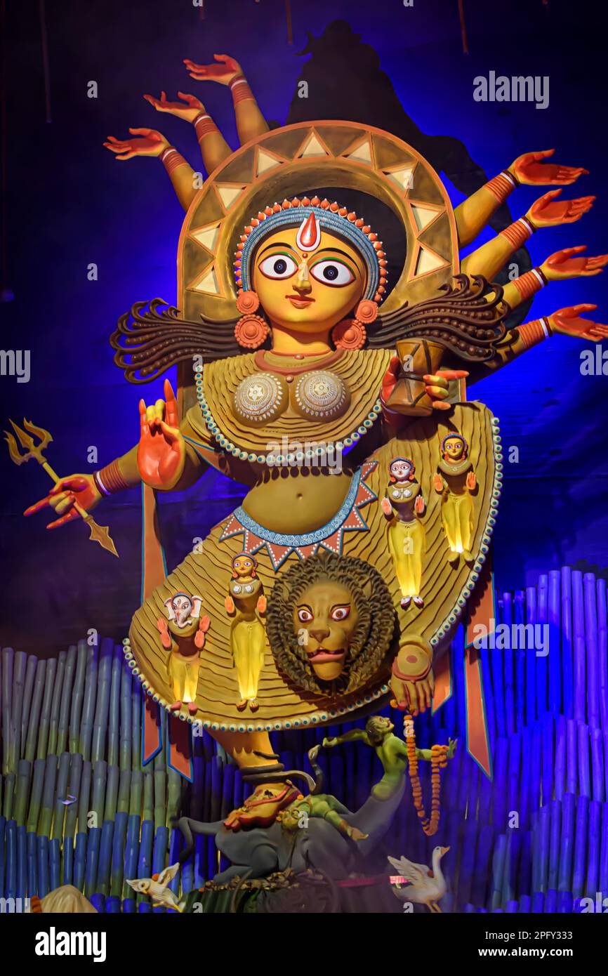 Goddess devi Durga idol decorated at a puja pandal in Kolkata, West ...