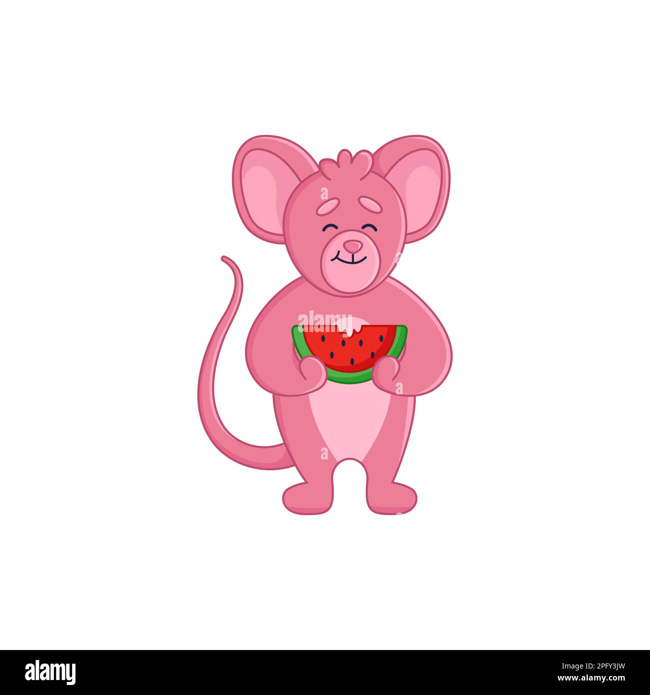 Happy pink mouse cartoon character eating watermelon sticker Stock ...