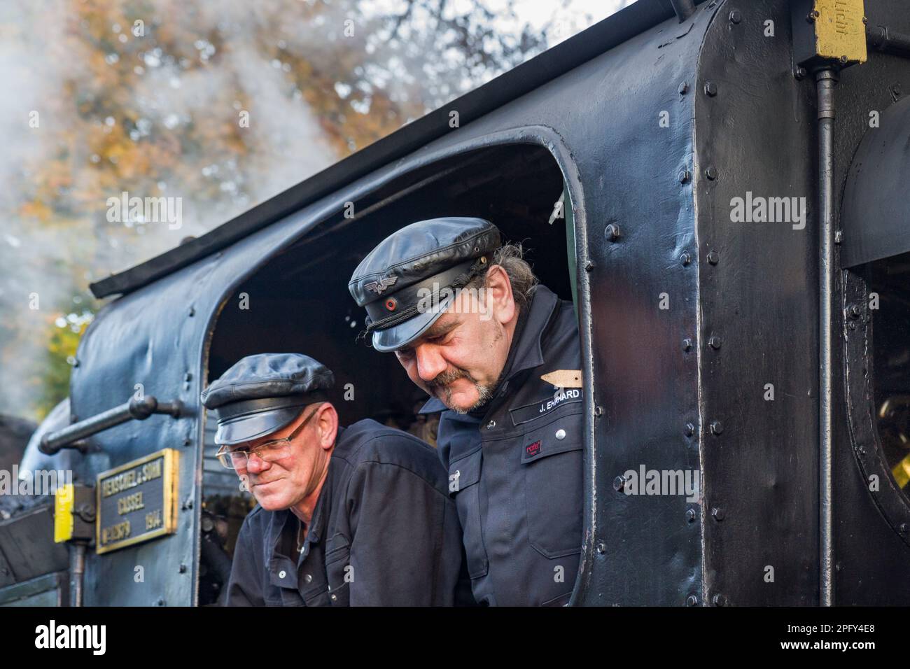 The engine driver and fireman on a steam loco, on the Harz Railway ...