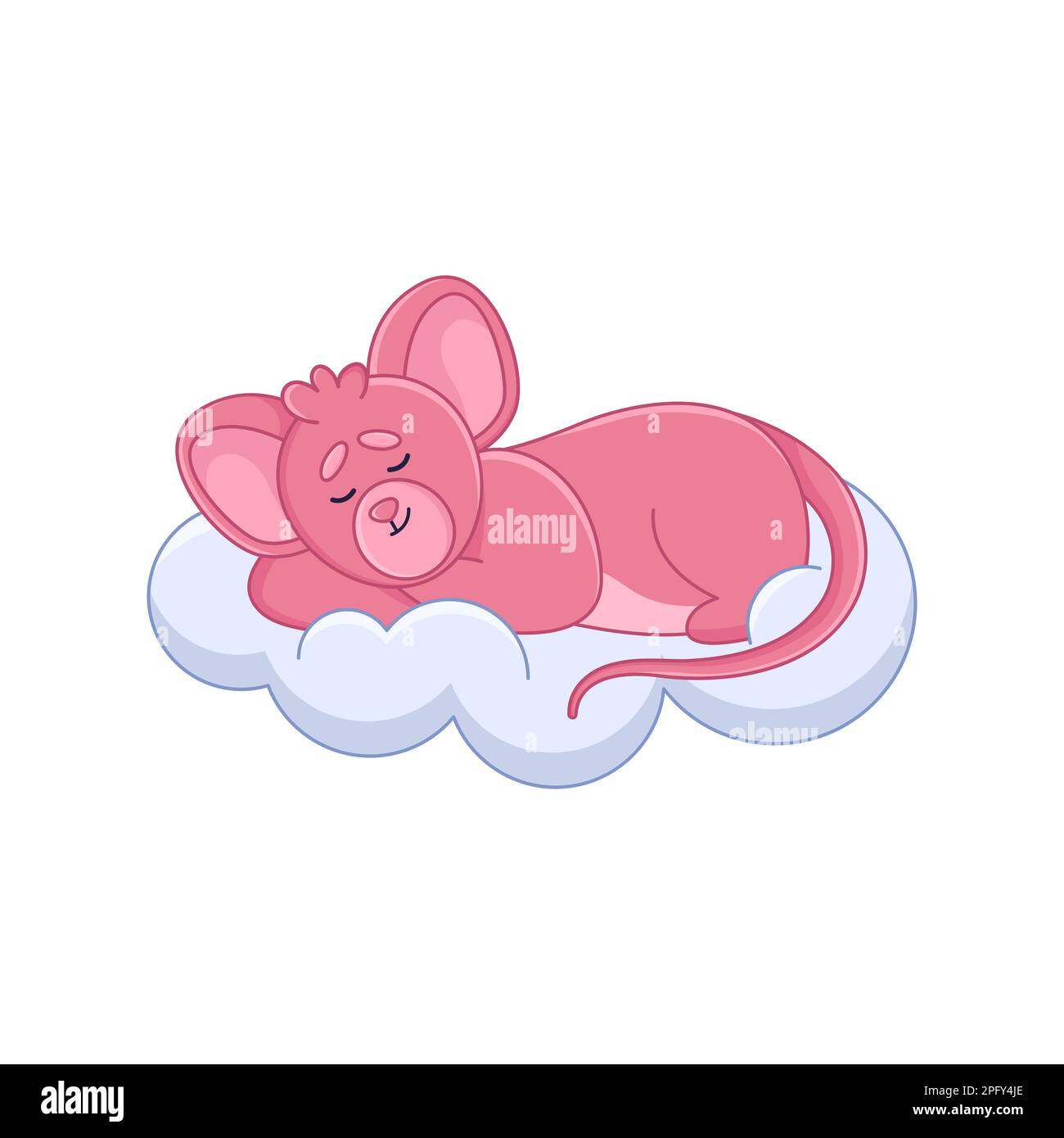 Cute pink mouse cartoon character sleeping on cloud sticker Stock ...