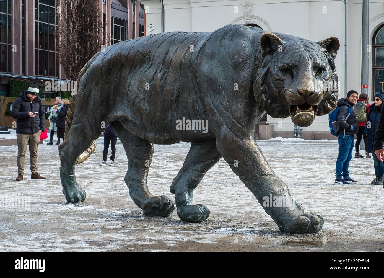 Oslo, Norway - March 11, 2023: Tiger sculpture in front of Oslo Central ...