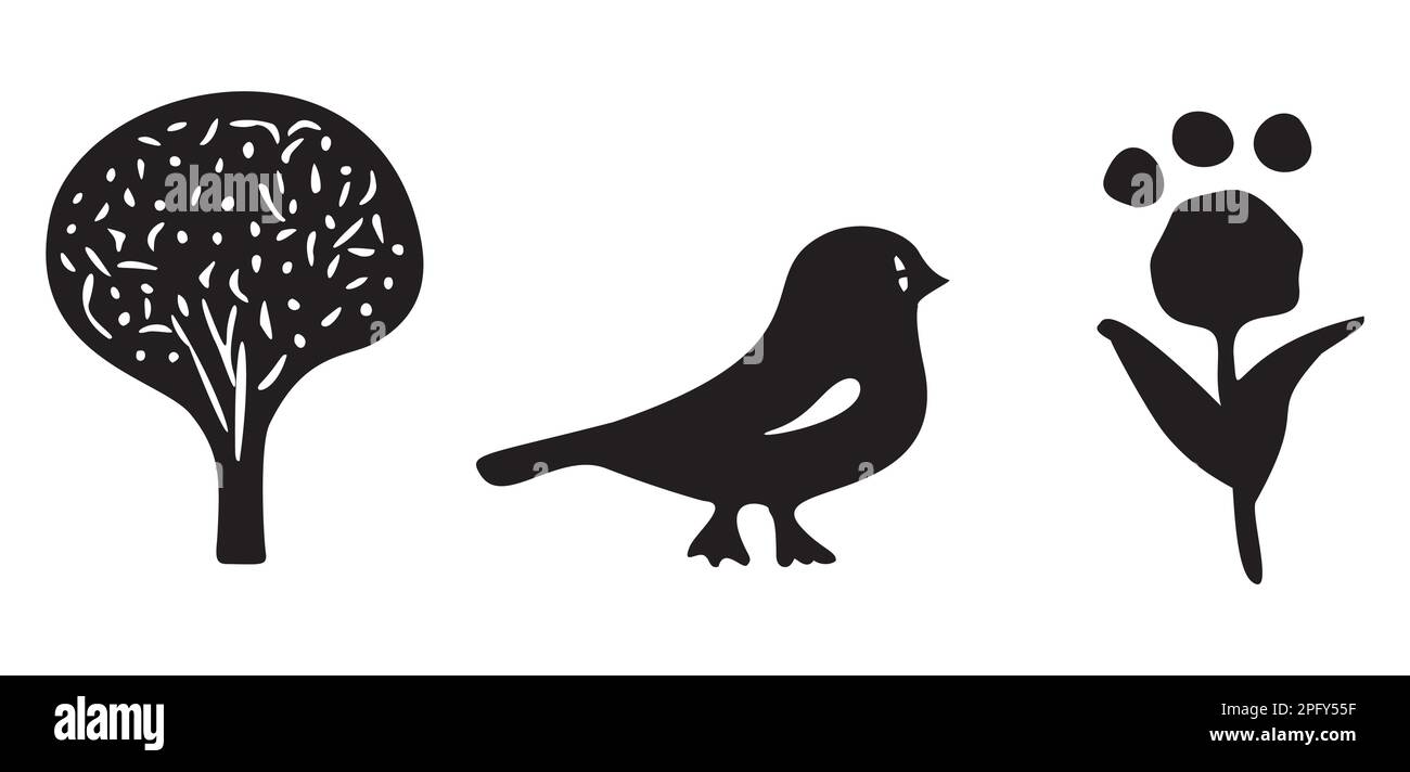 Set of bird and botanical vector motif. Collection of garden wildlife ...