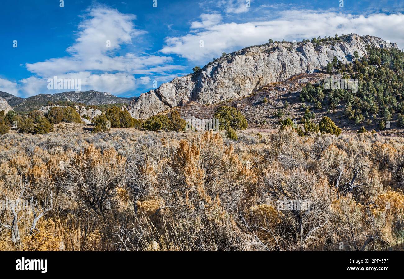 Limestone cliffs, big sagebrush, near The Narrows passage on Steptoe ...
