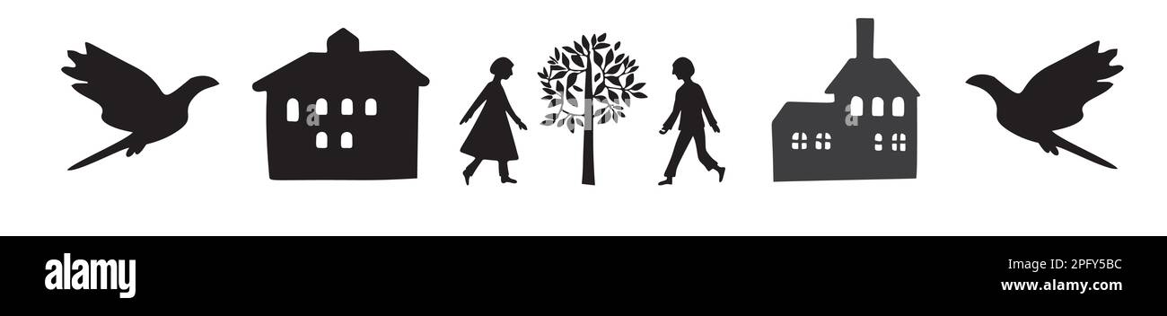 Border of figures and trees for scandi stripe. people in woodland ...