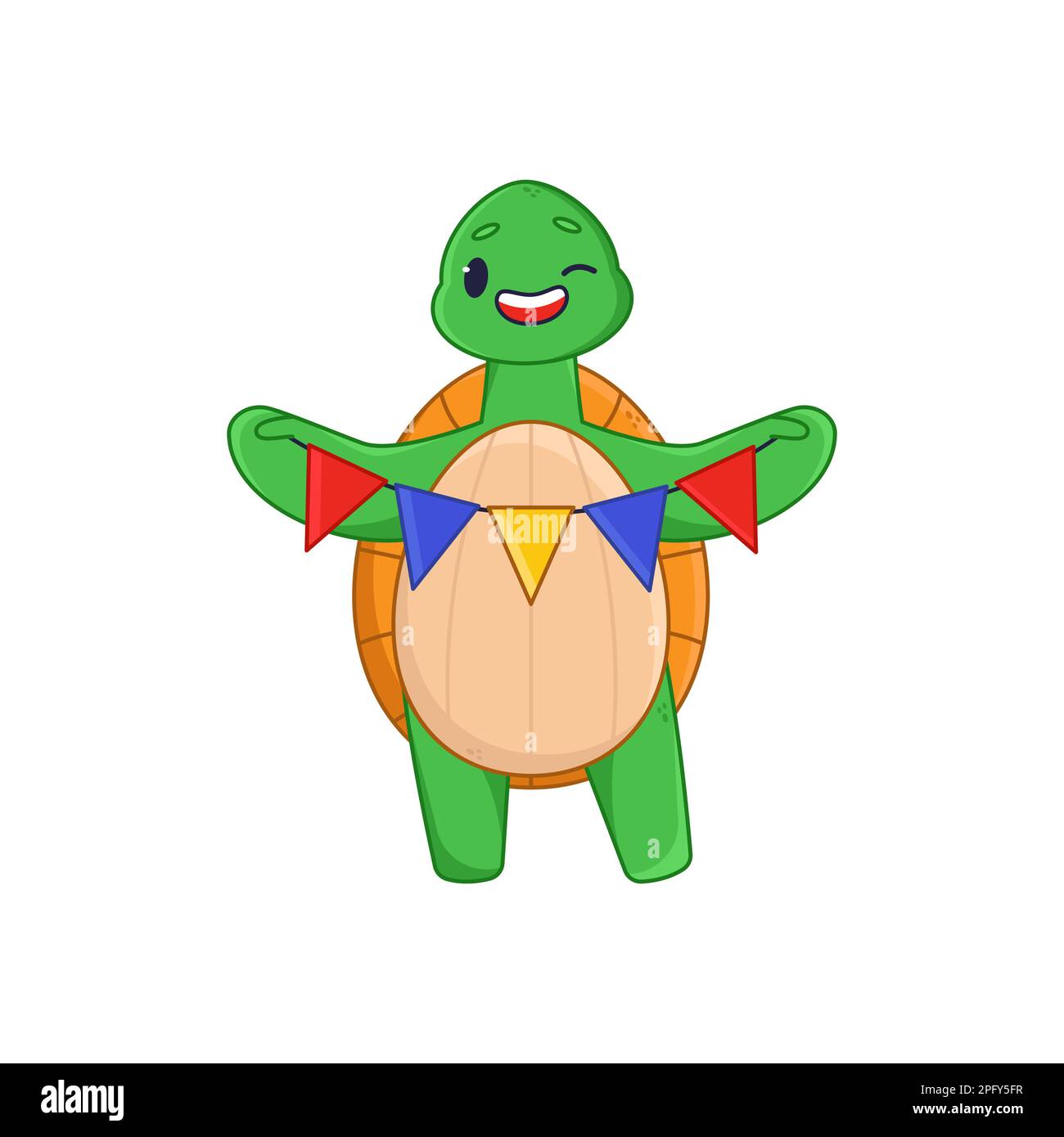 Winking turtle cartoon character holding party flags sticker Stock ...