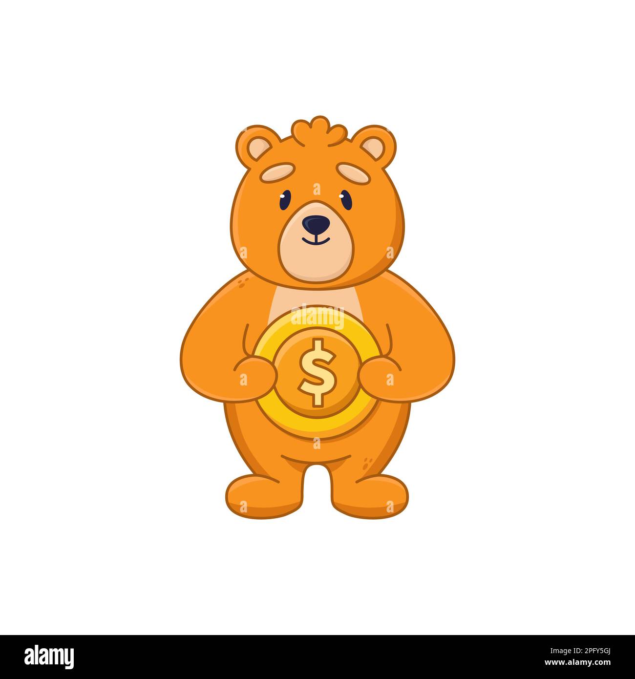 Cute orange bear cartoon character holding big gold coin sticker Stock ...