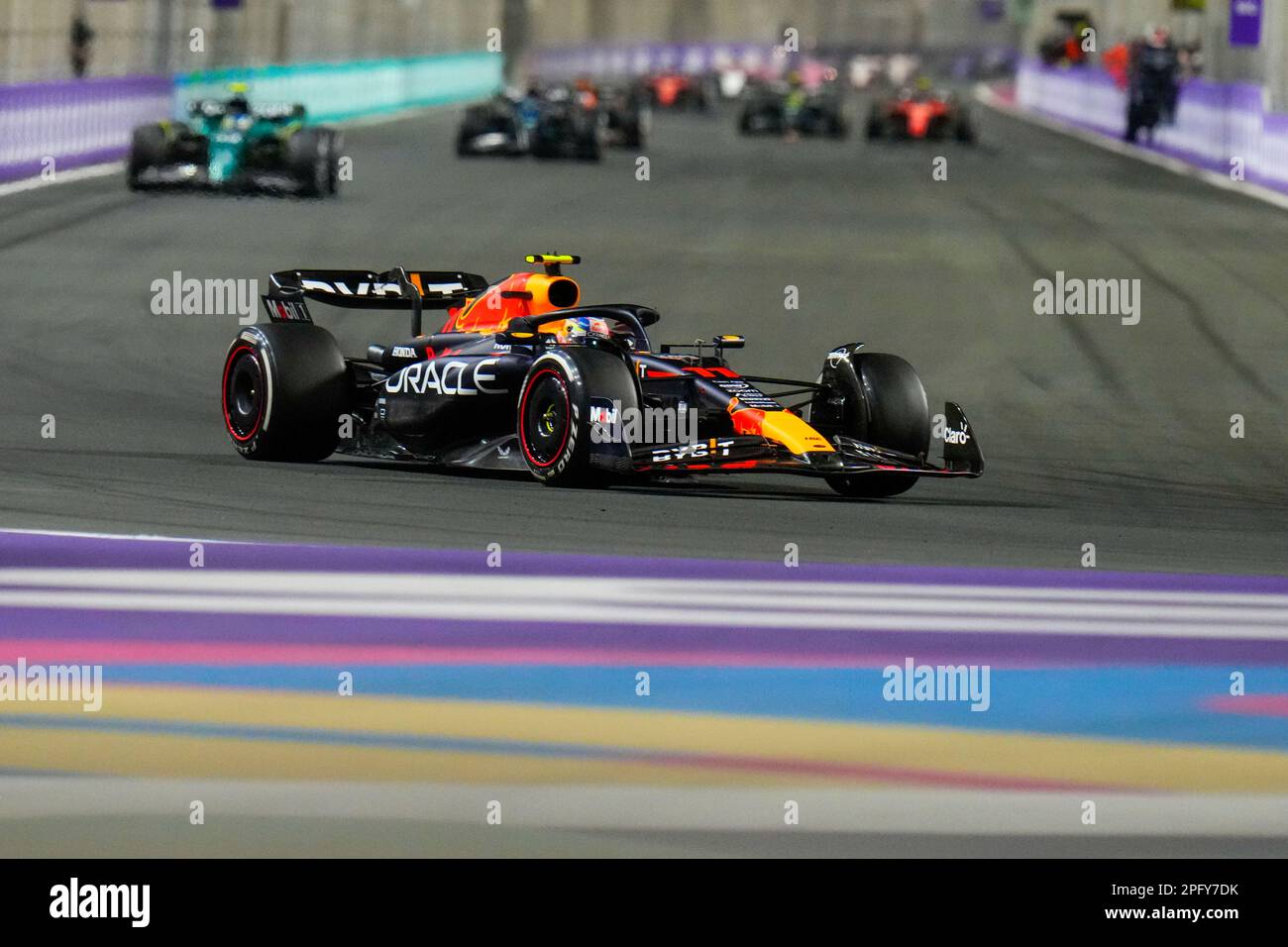 Red Bull driver Sergio Perez of Mexico steers his car during the Saudi Arabia Formula One Grand ...