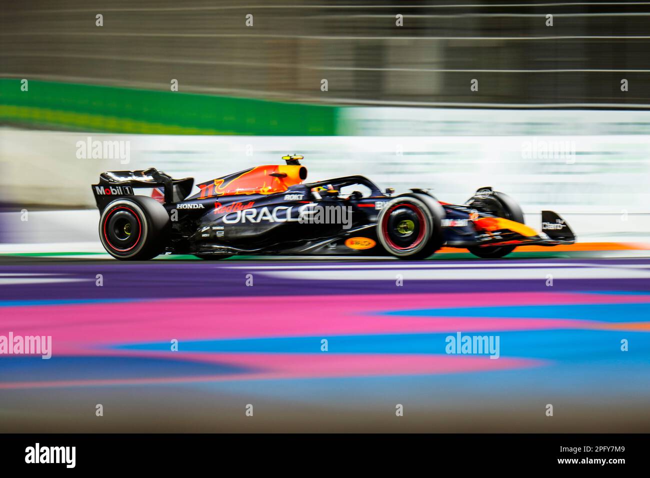 Red Bull driver Sergio Perez of Mexico steers his car during the Saudi Arabia Formula One Grand ...