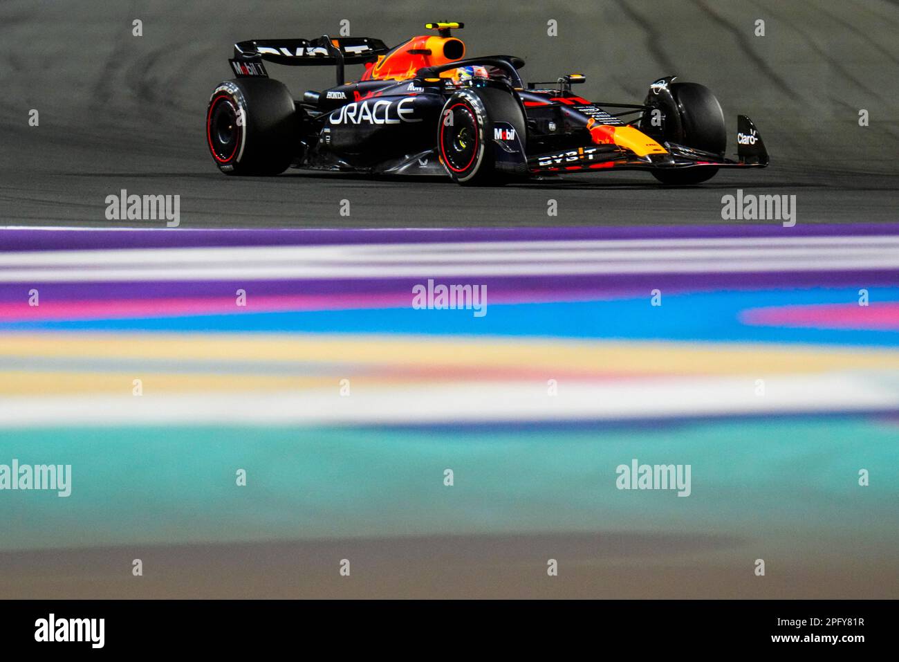 Red Bull driver Sergio Perez of Mexico steers his car during the Saudi Arabia Formula One Grand ...