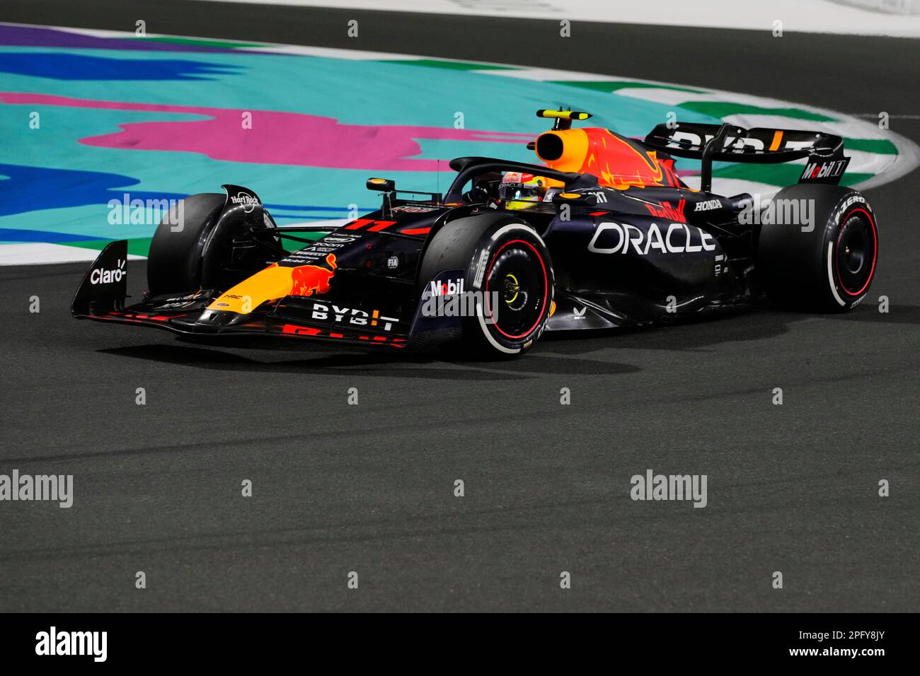 Red Bull driver Sergio Perez of Mexico steers his car during the Saudi Arabia Formula One Grand ...