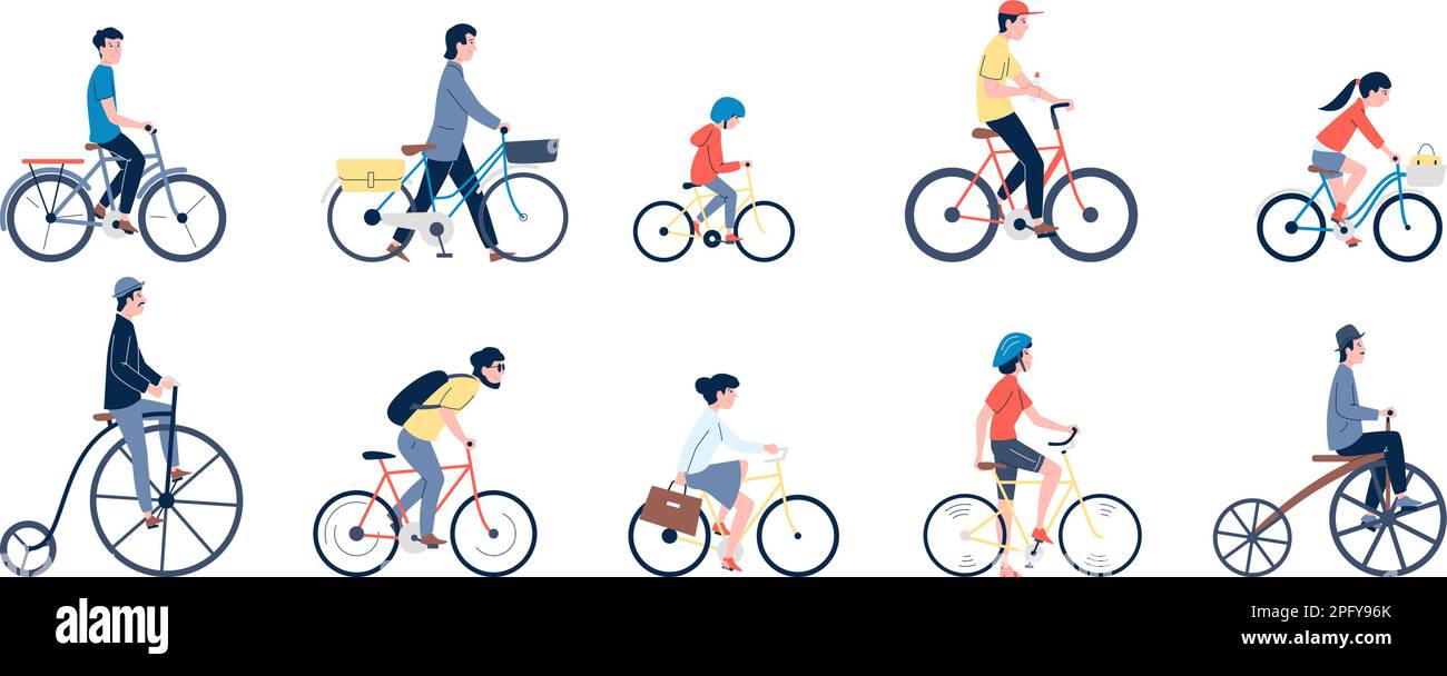 Characters ride bikes, different bicycles on road. Children and adult ...