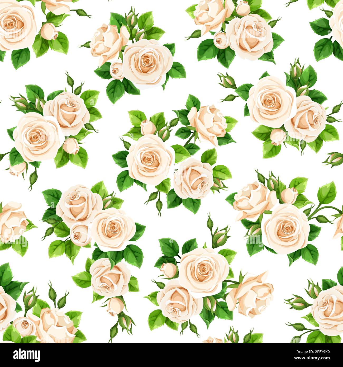 Floral seamless pattern with white rose flowers and green leaves on a ...