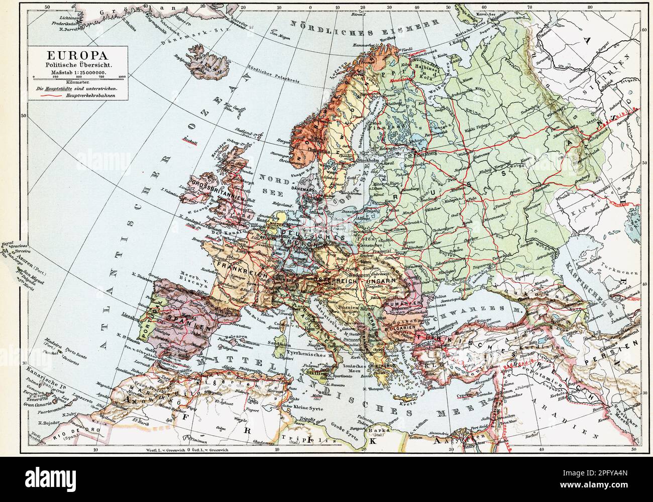 Political map of Europe. Publication of the book "Meyers Konversations ...