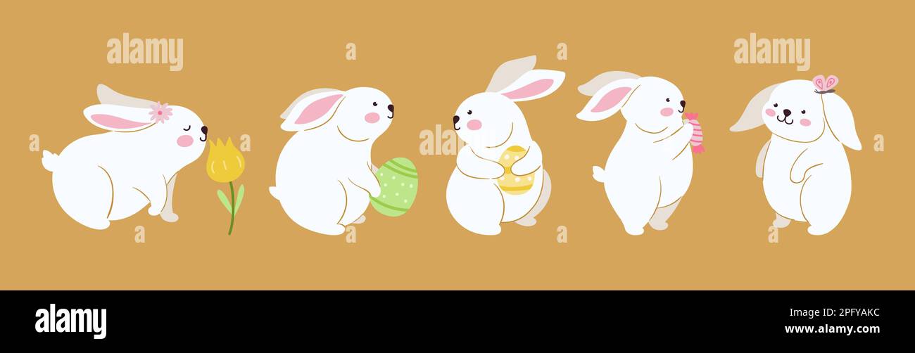 Funny fat bunnies with flowers, eggs and candy. White cartoon bunny ...