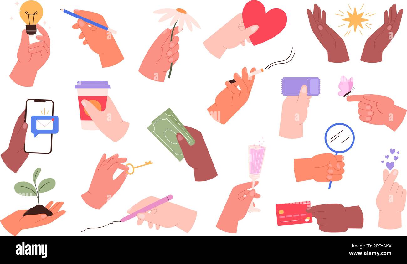 Hands hold various things, phone and ticket. Hand gestures, human write ...