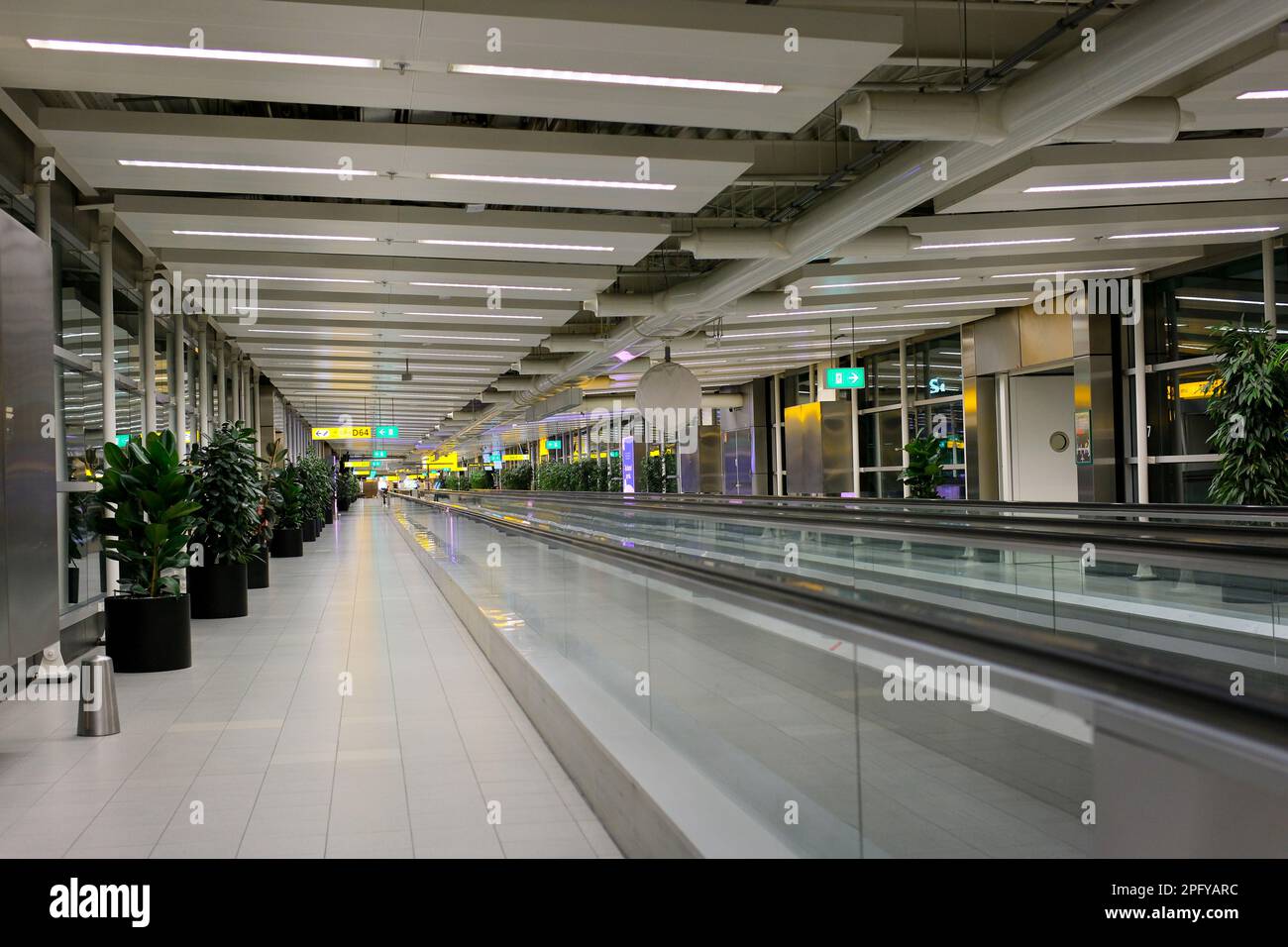 Schiphol Airport, Netherlands 2023 Empty moving sidewalk or walkway in ...