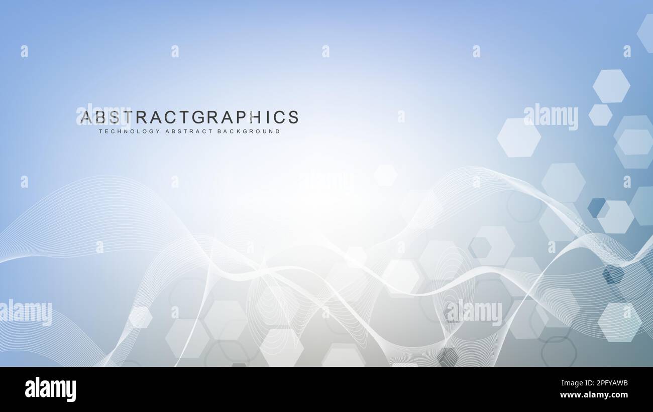 Modern science background with lines, dots and hexagons. Wave flow abstract background ...