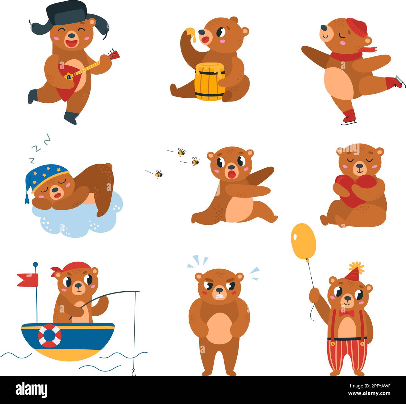 Funny comic cartoon bear. Animals bears poses, funny creature dance ...