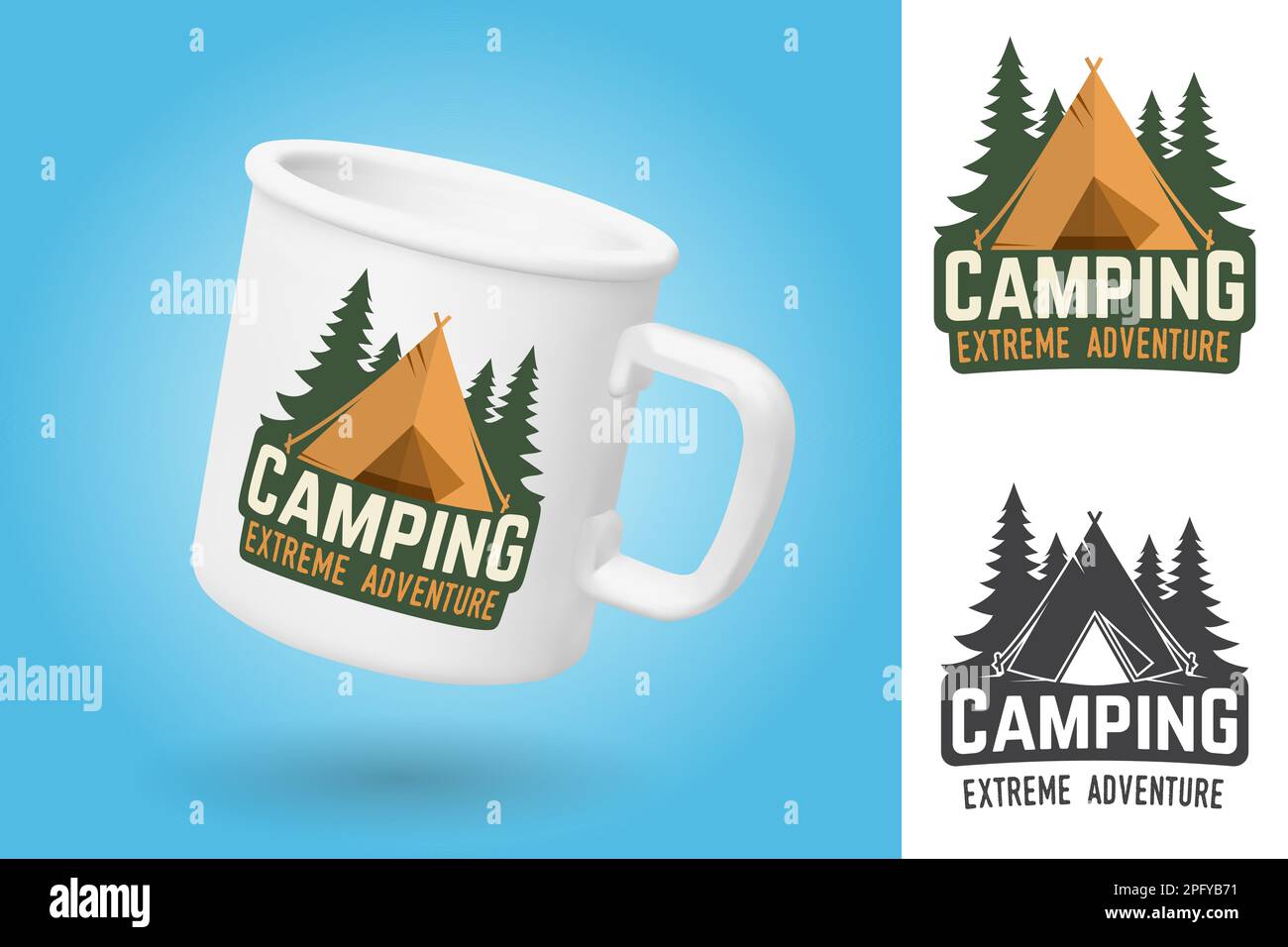 White camping cup. Realistic mug mockup template with sample design ...