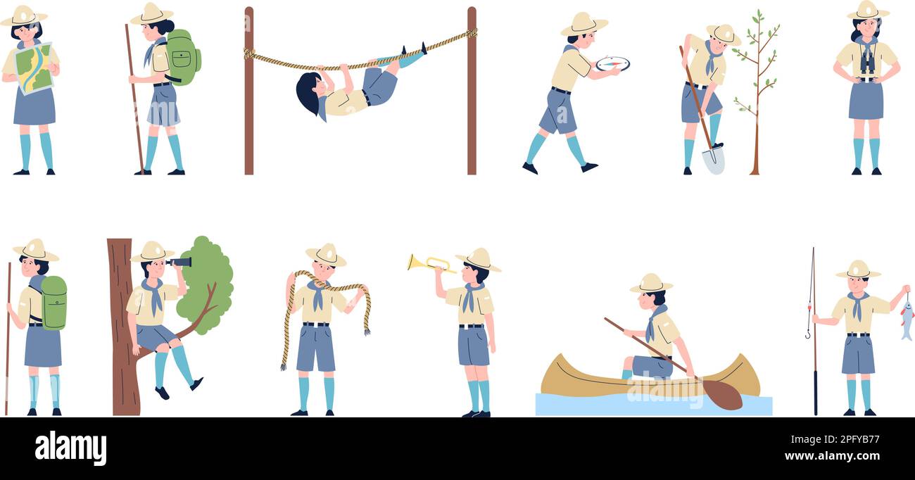 Children scouts, flat kids survival adventures in scout camping. Child in costume, girl boy ...