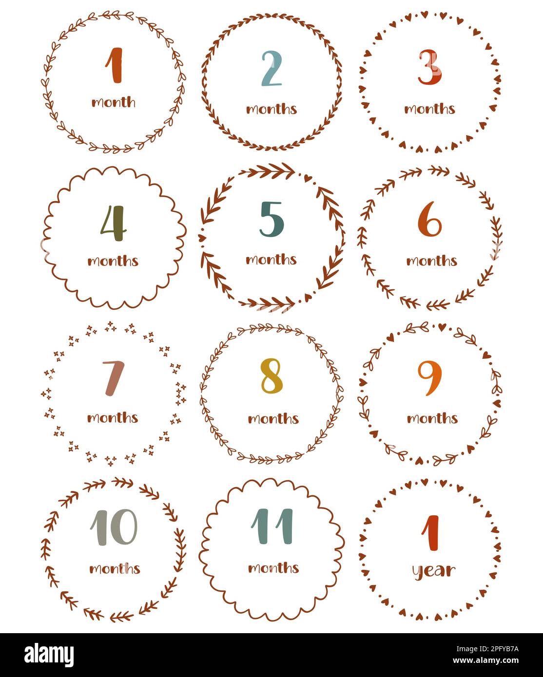 Baby months milestone with numbers for a newborn girl or boy. Vector ...