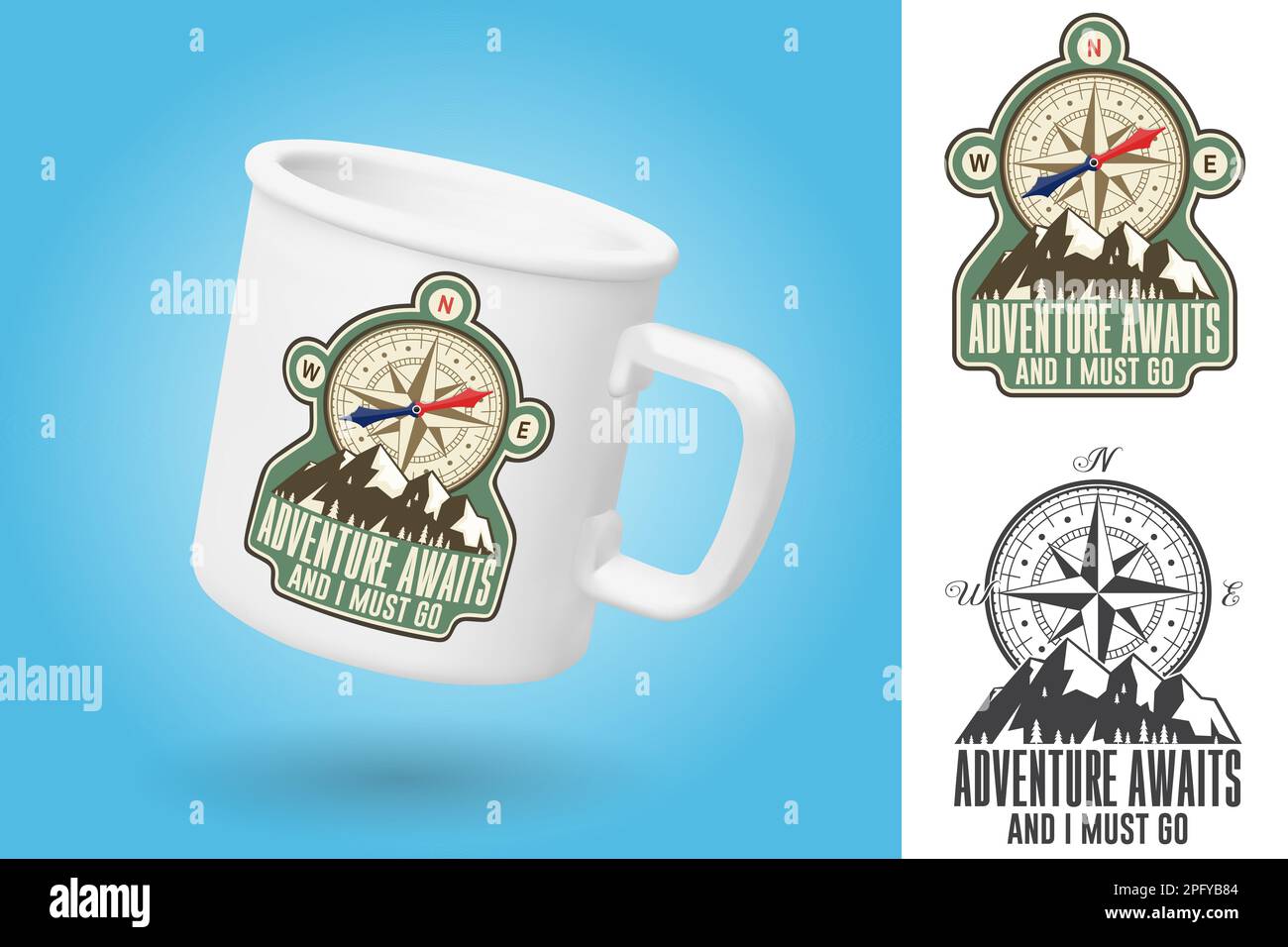 White camping cup. Realistic mug mockup template with sample design ...